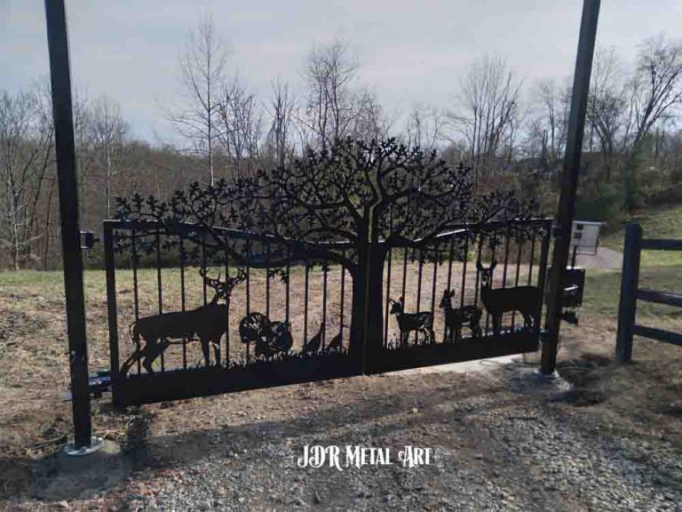 Custom Driveway Gates Columbus Ohio | 12' Oak Tree & Deer Ranch Gate