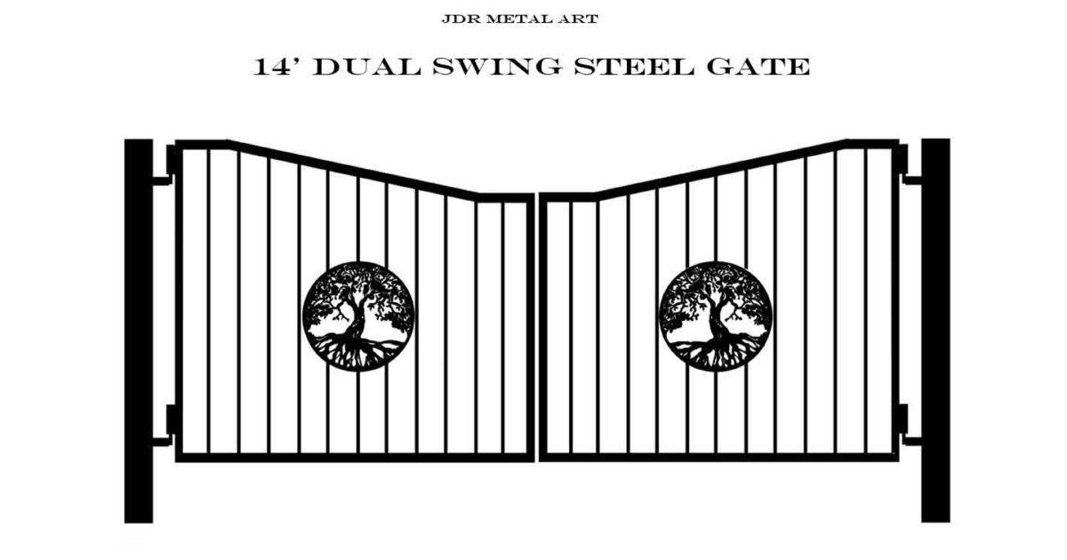 14' dual swing gate with tree cutouts by JDR Metal Art - Custom ...